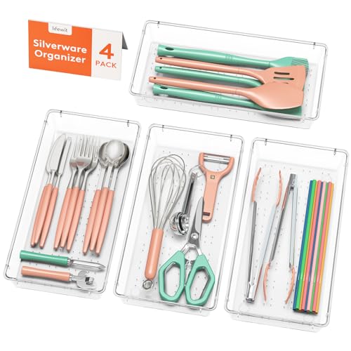 Lifewit Silverware Drawer Organizer, 5.75" x 11.65" Clear Utensil Tray for Kitchen Drawer, Stackable Plastic Flatware and Cutlery Storage Box Divider for Spoons Forks Knives Tools, 4 Pack