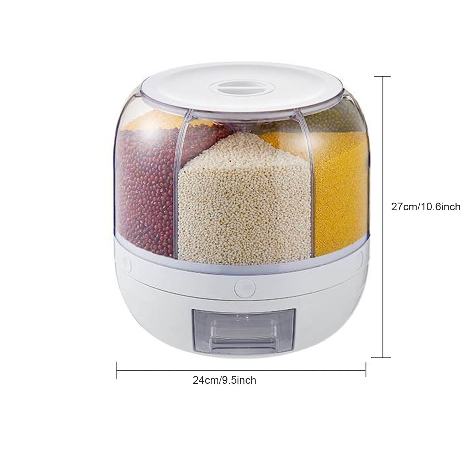 KONKENIE 6 Grids Rotatable Grain Storage Tank with Lid 10kg Rice Cereal Bean Flour Plastic Container 360° Rotating Round Dry Food Dispenser for Home Kitchen Pantry Store White&Clear (9.5x10.6x10.6in)