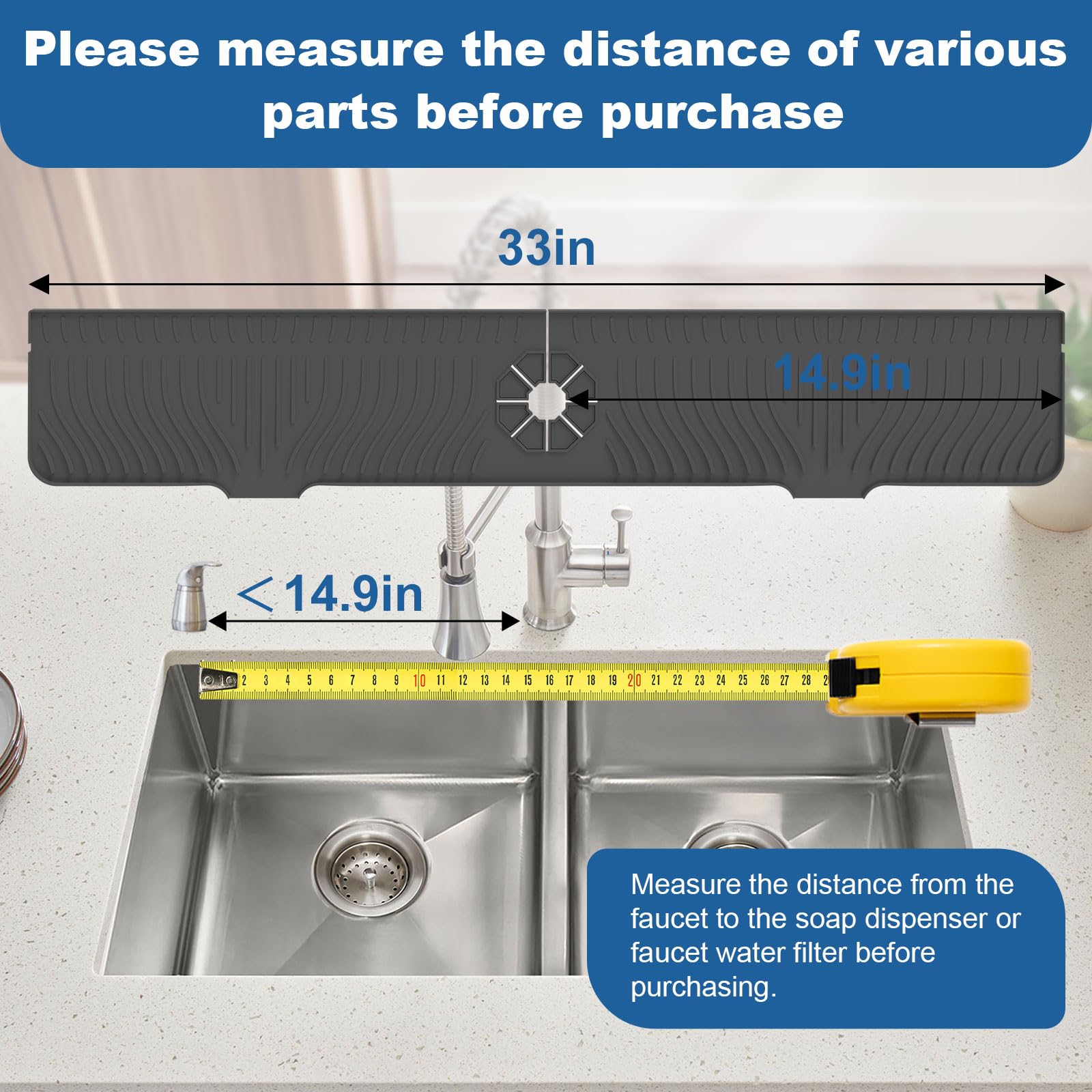 LVJING 33 inch Sink Splash Guard Mat, Sink Faucet Drying Mat, Silicone Faucet Handle Drip Catcher Tray, Longer Silicone Sink Mat for KitchenBathroom, Drip Protector Splash Countertop (Black)