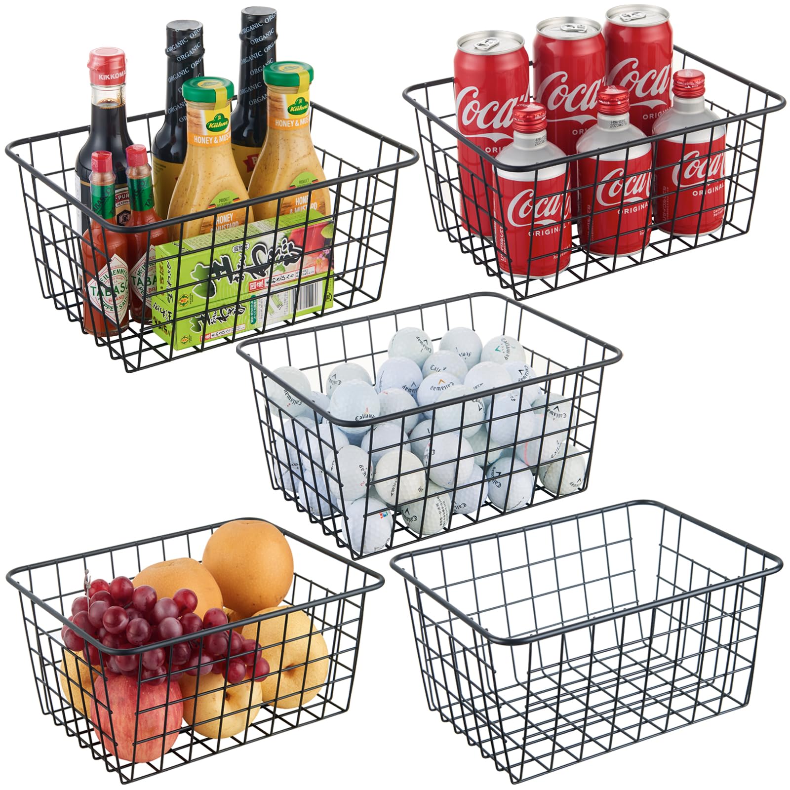 Pantry Organization and Storage 5 Pack , Wire Storage Baskets for Kitchen, Laundry, Garage, Fridge, Bathroom Countertop Organizer,Black