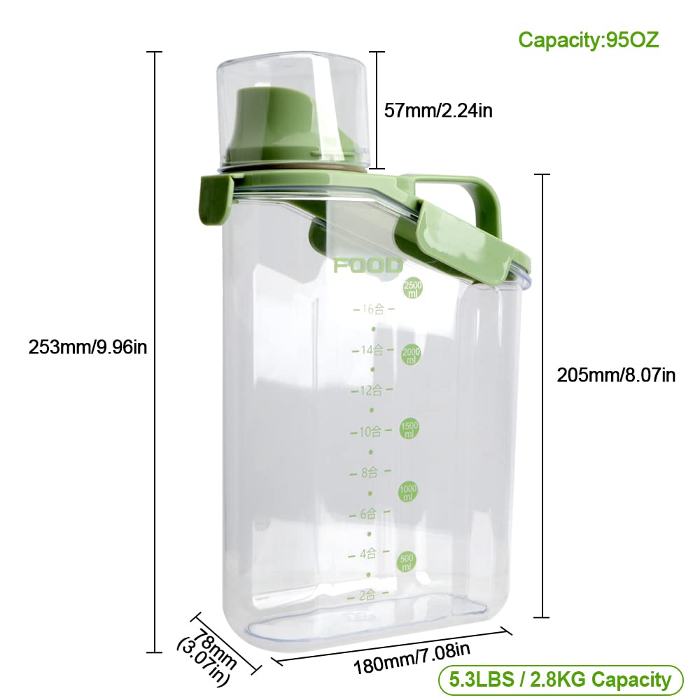 Saim Cereal Storage Containers, 2.8L Rice Dispenser with Measuring Cup, Dry Food Container Airtight Rice Holder for Flour, Sugar, Grain, Rice & Baking Supply(Green)