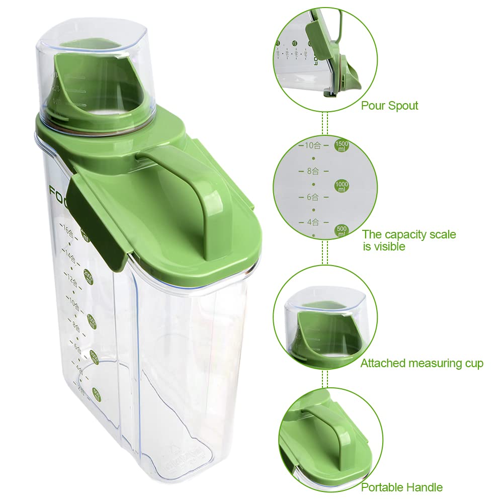 Saim Cereal Storage Containers, 2.8L Rice Dispenser with Measuring Cup, Dry Food Container Airtight Rice Holder for Flour, Sugar, Grain, Rice & Baking Supply(Green)