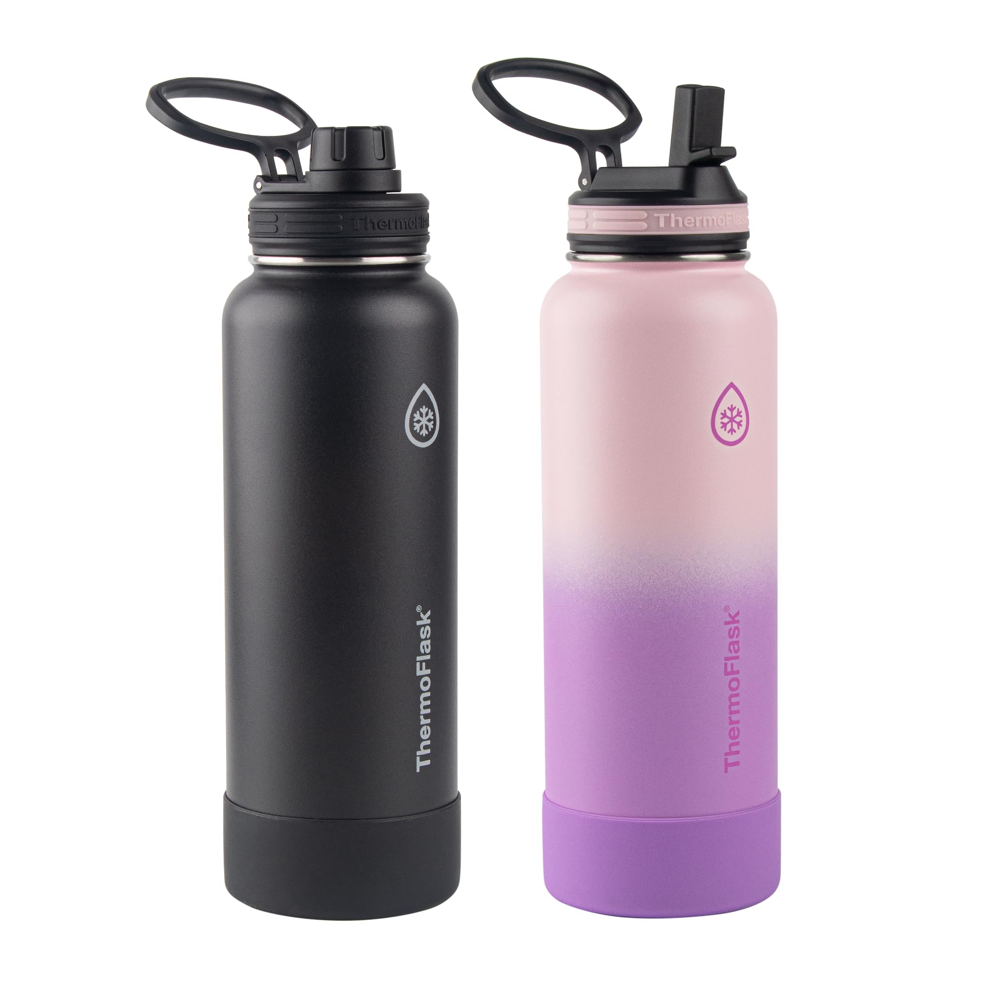 Thermoflask 40 oz Stainless Steel Insulated Water Bottles with Straw and Spout Lids, 2-pack, Black/Rose Purple