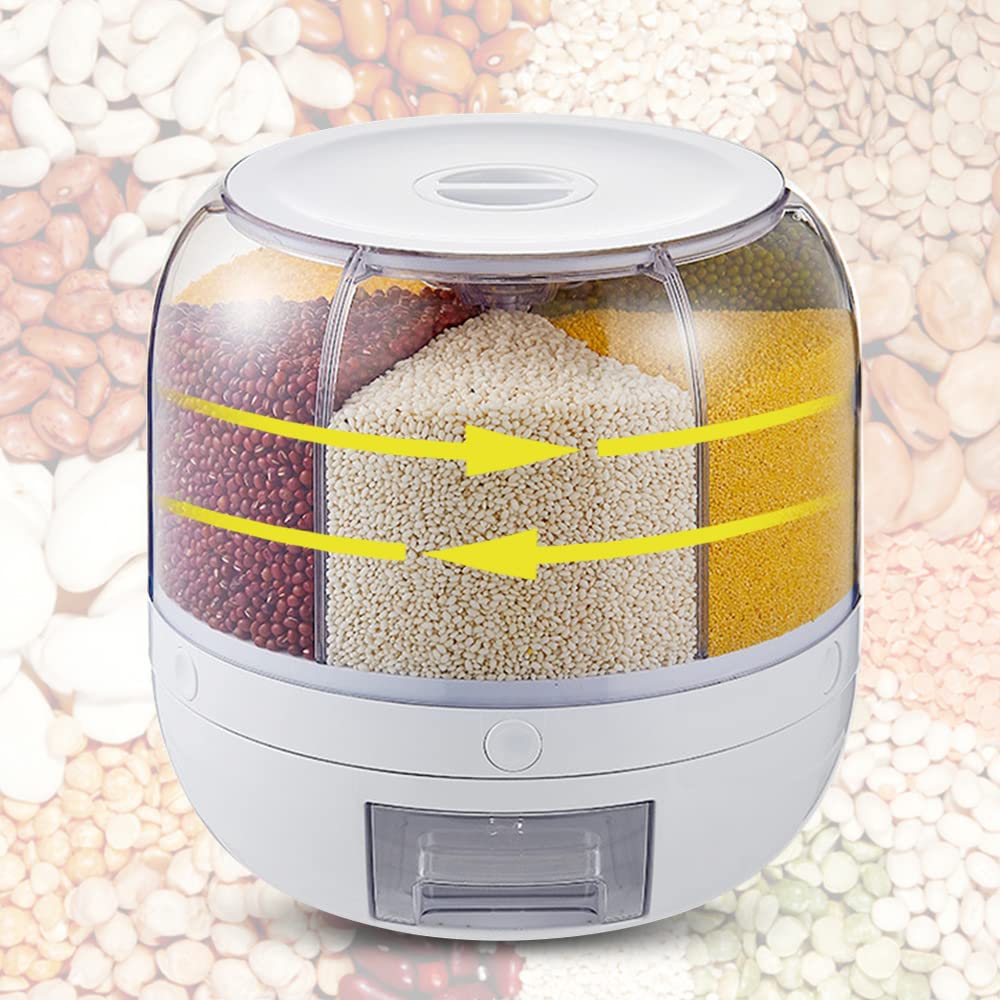 KONKENIE 6 Grids Rotatable Grain Storage Tank with Lid 10kg Rice Cereal Bean Flour Plastic Container 360° Rotating Round Dry Food Dispenser for Home Kitchen Pantry Store White&Clear (9.5x10.6x10.6in)