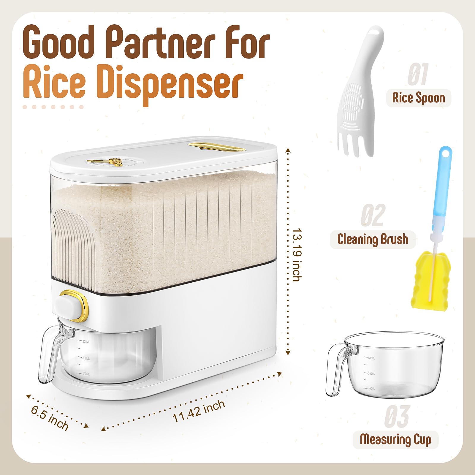 Singhoow 2 Pcs 11lbs Rice Storage Container Large Rice Dispenser with Time Scale Cereal Dry Food Dispenser Rice Holder with Rice Washing Spoon and Cleaning Brush for Kitchen, Clear and Ivory White