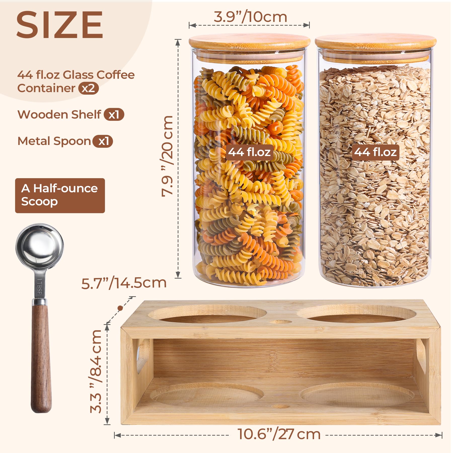 ComSaf Glass Coffee Container with Shelf, 2PCS Coffee Bean Storage Jars, 44 OZ Coffee Canister with Scoop, Glass Canister with Airtight Lid for Kitchen Coffee Station Organizer for Coffee, Sugar, Tea