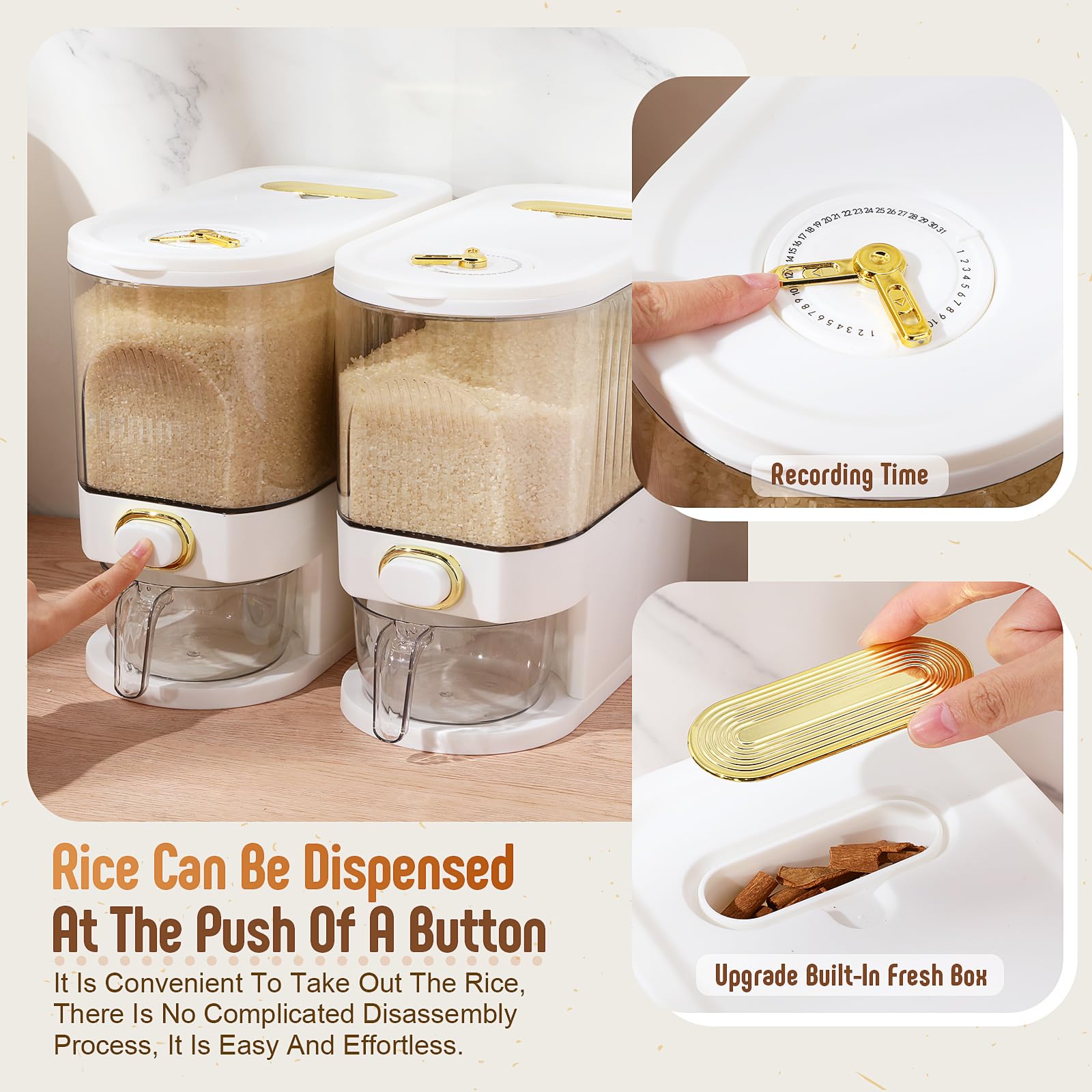 Singhoow 2 Pcs 11lbs Rice Storage Container Large Rice Dispenser with Time Scale Cereal Dry Food Dispenser Rice Holder with Rice Washing Spoon and Cleaning Brush for Kitchen, Clear and Ivory White