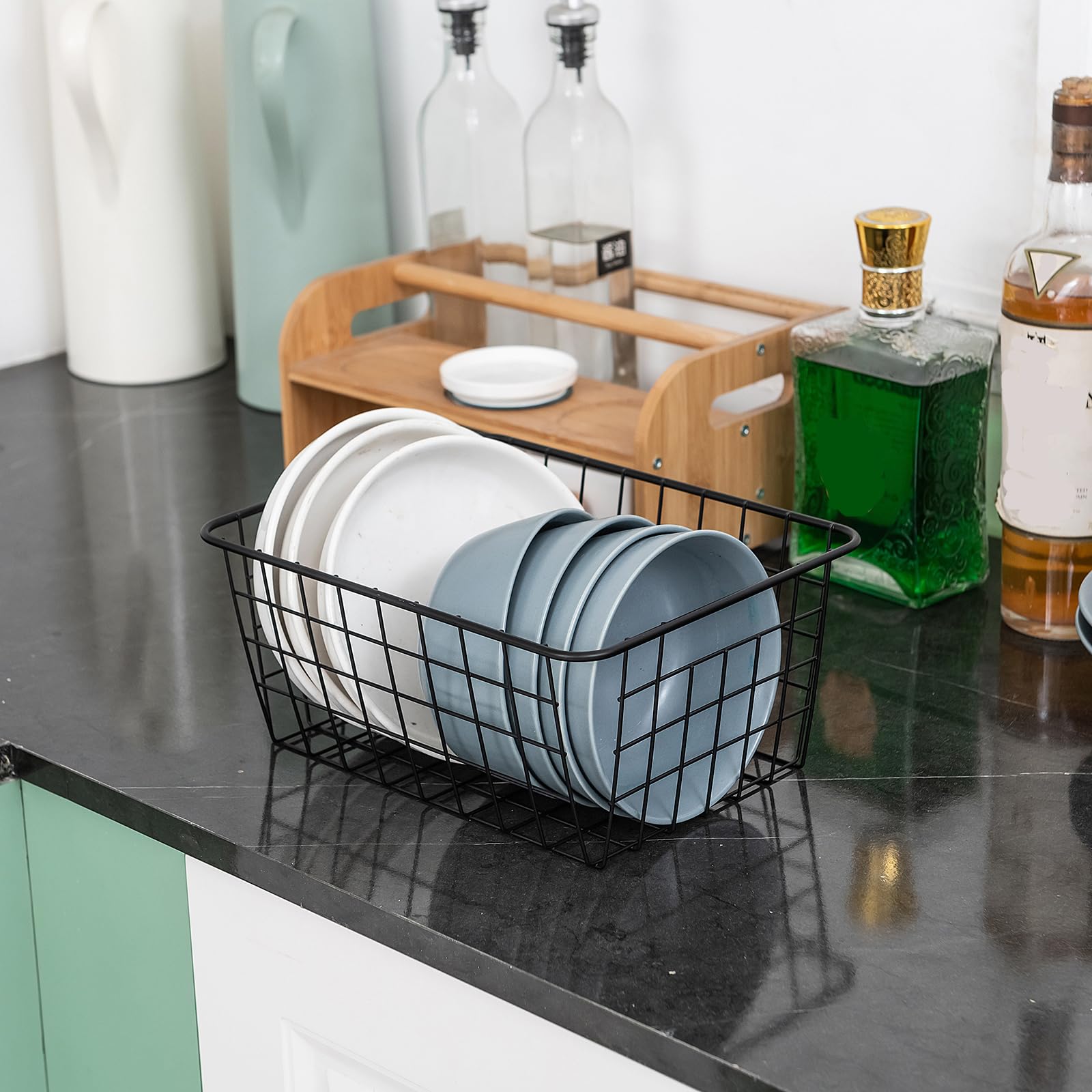 Pantry Organization and Storage 5 Pack , Wire Storage Baskets for Kitchen, Laundry, Garage, Fridge, Bathroom Countertop Organizer,Black