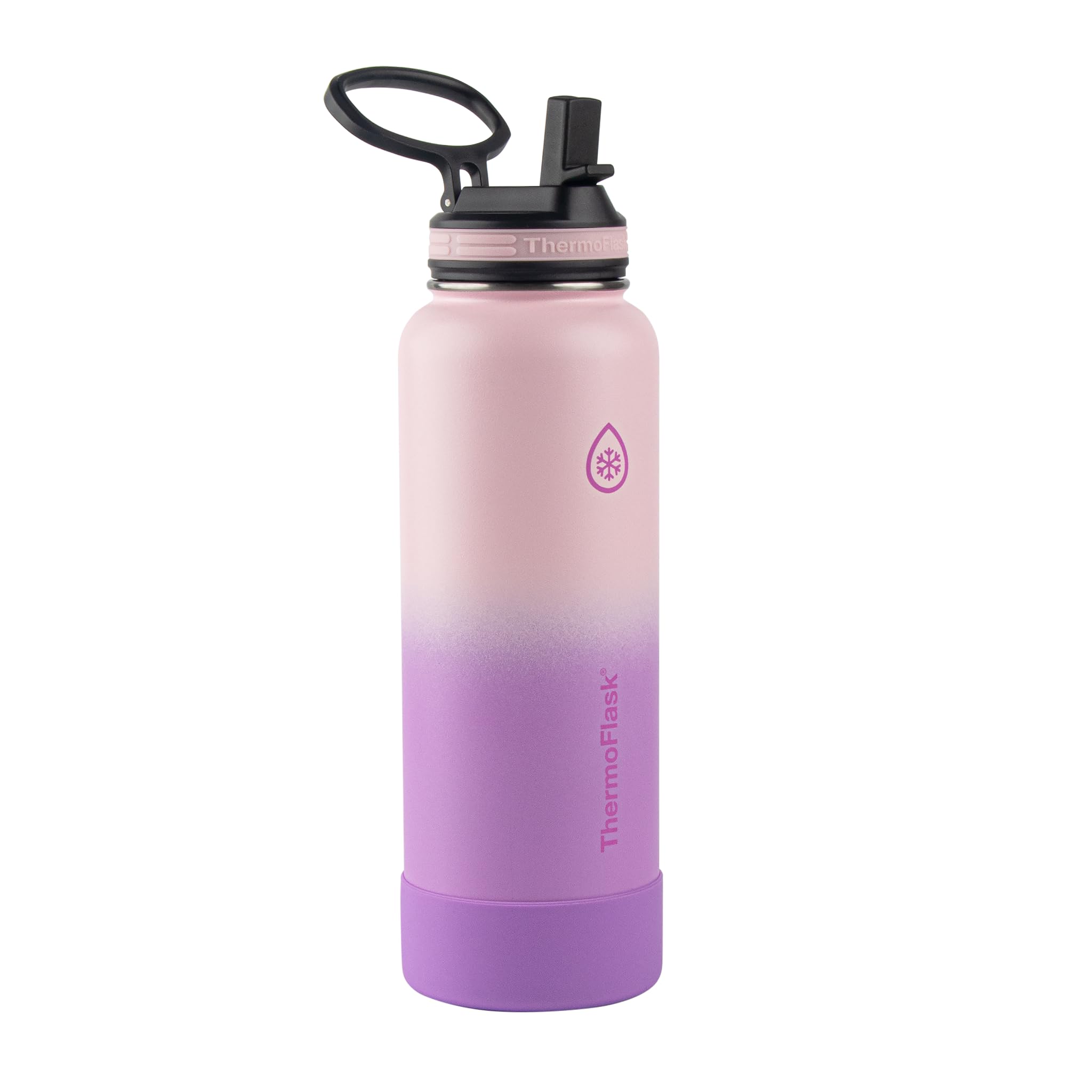 Thermoflask 40 oz Stainless Steel Insulated Water Bottles with Straw and Spout Lids, 2-pack, Black/Rose Purple