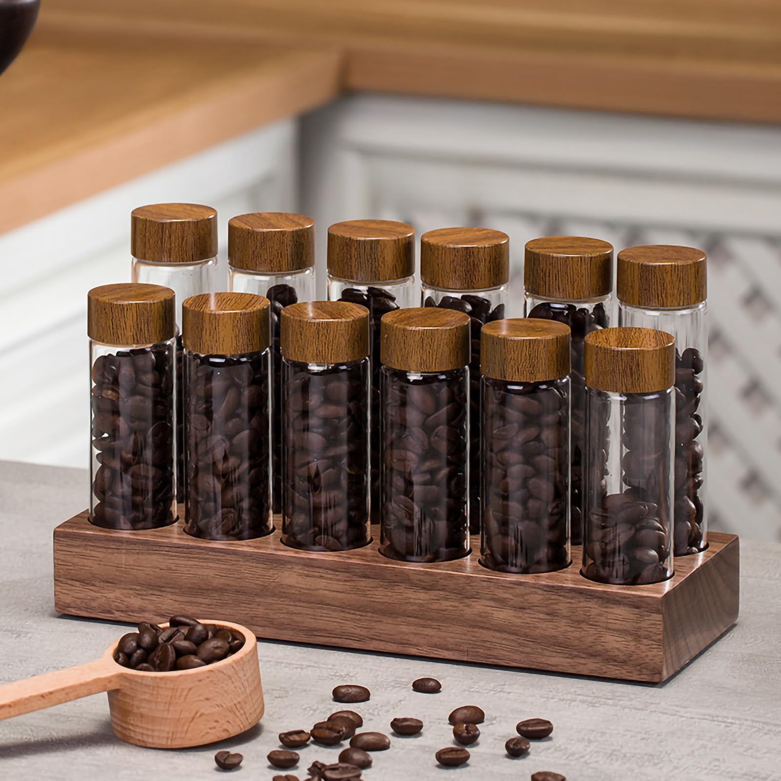 TREELF Coffee Bean Storage,Coffee Storage Container with Walnut Solid Wood Base,Coffee Bean Container,12 Tubes Single Dose with Wooden Holder(Type 2)