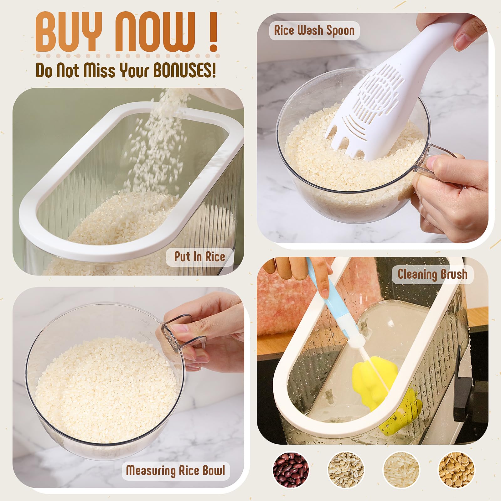 Singhoow 2 Pcs 11lbs Rice Storage Container Large Rice Dispenser with Time Scale Cereal Dry Food Dispenser Rice Holder with Rice Washing Spoon and Cleaning Brush for Kitchen, Clear and Ivory White