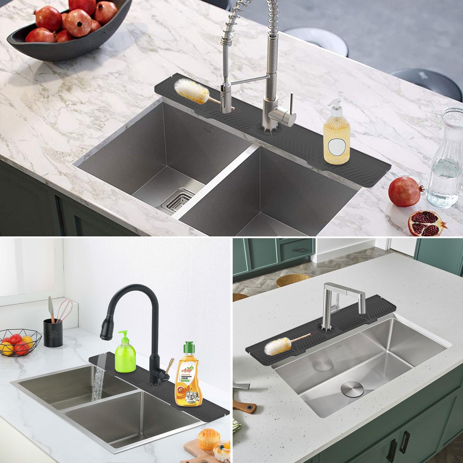 LVJING 33 inch Sink Splash Guard Mat, Sink Faucet Drying Mat, Silicone Faucet Handle Drip Catcher Tray, Longer Silicone Sink Mat for KitchenBathroom, Drip Protector Splash Countertop (Black)