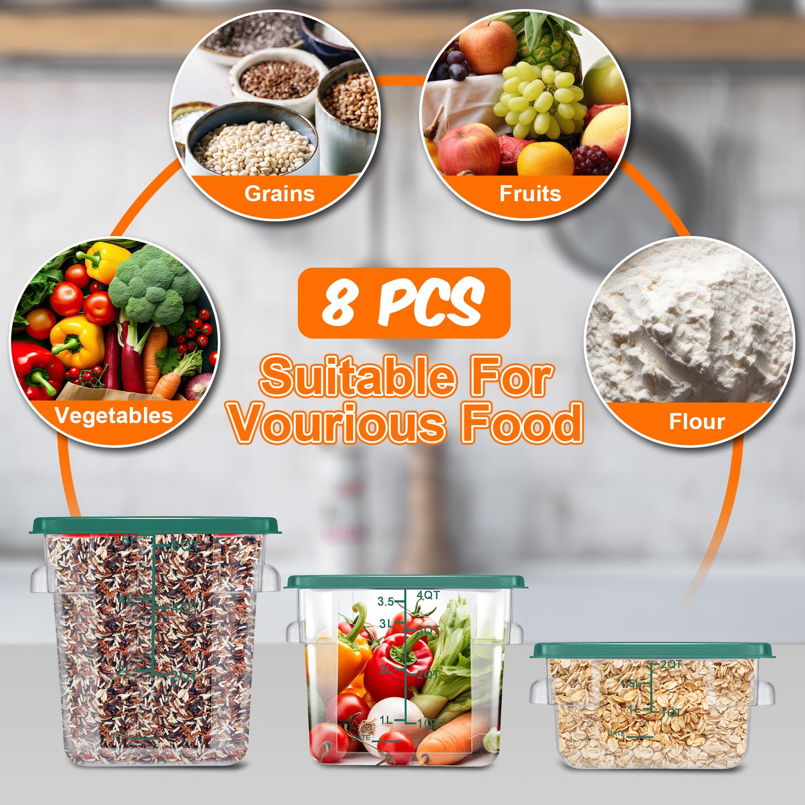 Suclain 6 Pcs Square Food Storage Container with Lid 2Qt 4Qt 6Qt Clear Commercial Food Storage Container with Scales Handles for Home Restaurant Kitchen Organizer, Polycarbonate(Red, Green)