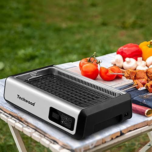 Indoor Smokeless Grill Techwood 1500W Electric Grill with Tempered Glass Lid & LED Smart Control Panel, 8-Level Control Korean BBQ Grill with Removable Grill Plate, Stainless Steel (Silver)