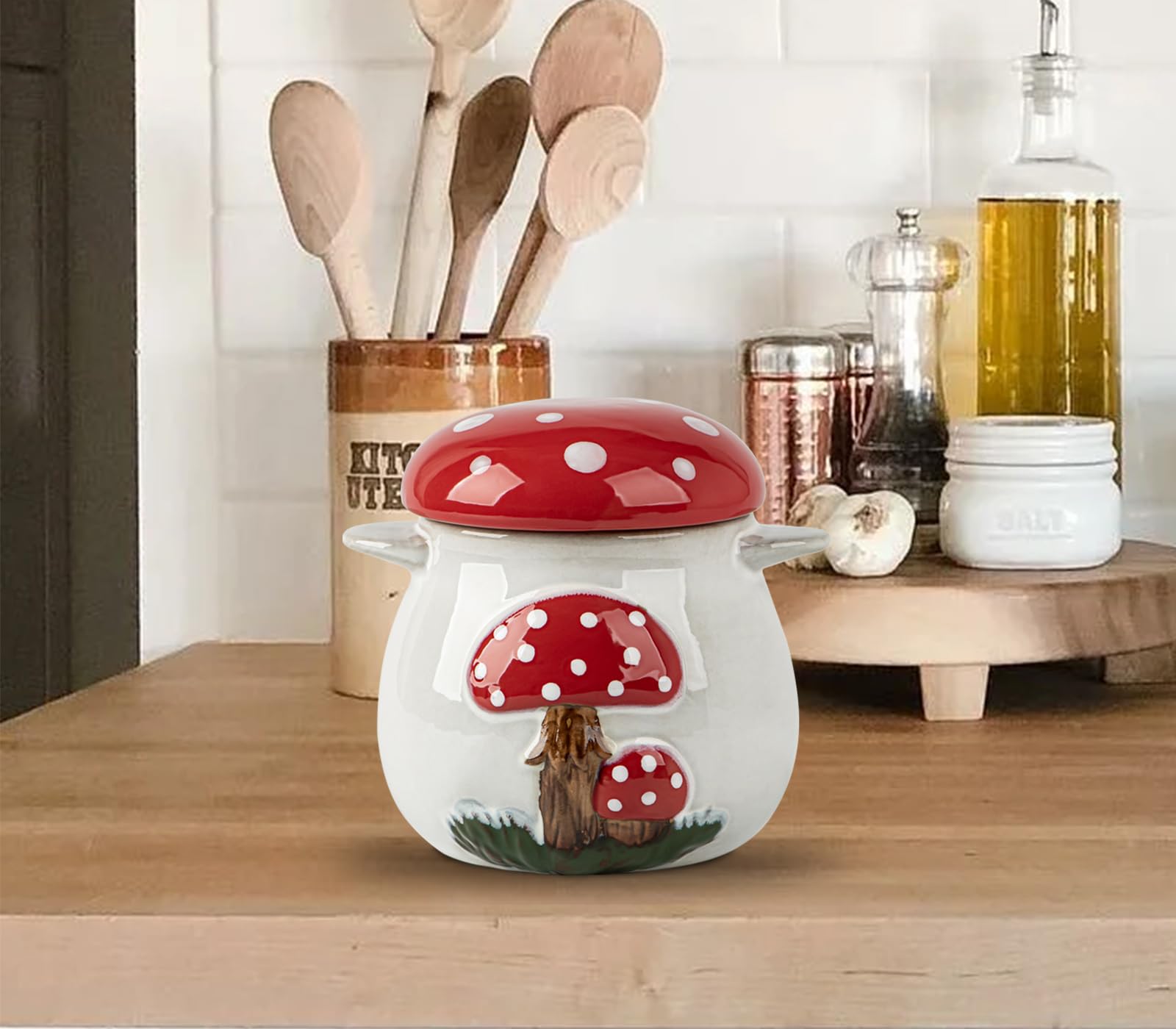 dgudgu Mushroom Garlic Keeper With Ceramic Container for Counter - Red Garlic Holder and Saver