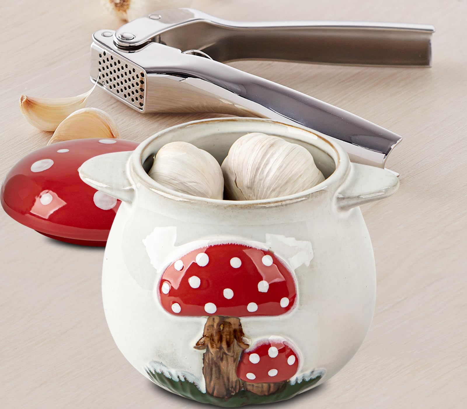 dgudgu Mushroom Garlic Keeper With Ceramic Container for Counter - Red Garlic Holder and Saver