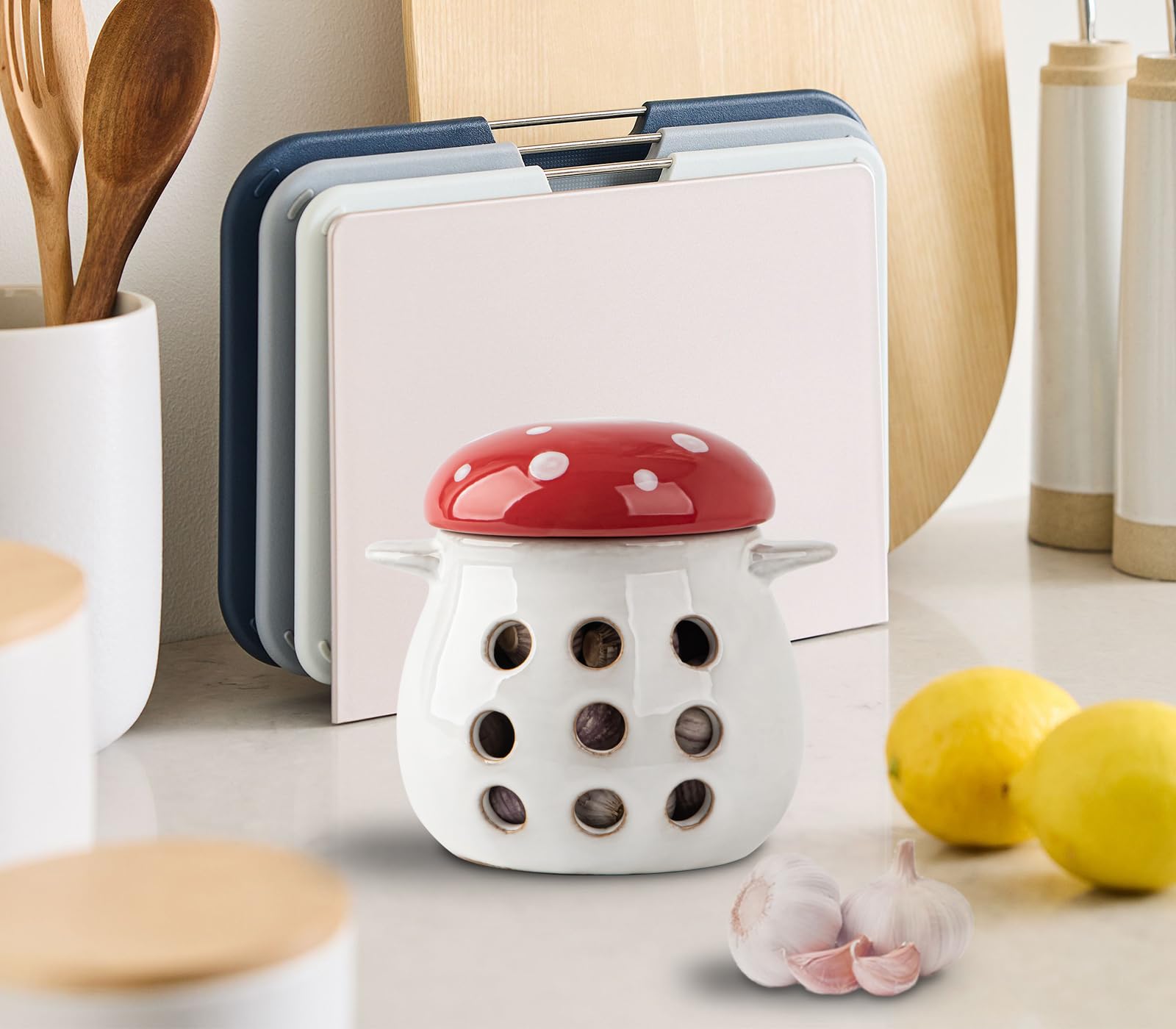 dgudgu Mushroom Garlic Keeper With Ceramic Container for Counter - Red Garlic Holder and Saver