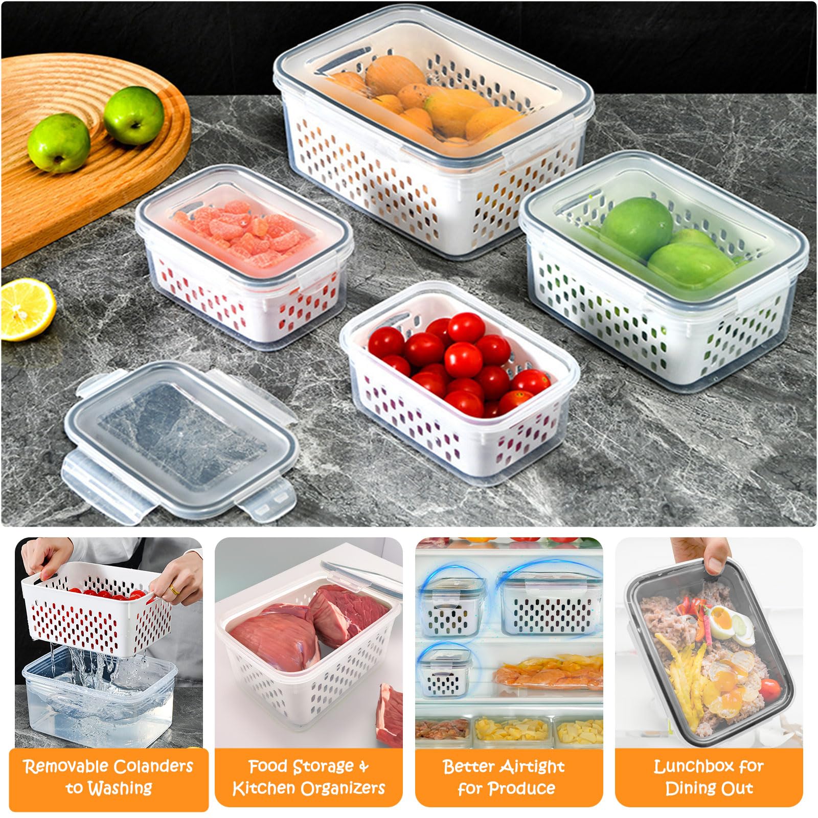 Midgod 3 Pack Fruit Storage Containers for Fridge, Leakproof Fruit Containers For Fridge with Removable Colanders/Basket, 2 in 1 Produce Containers with Lid for Salad Berry Vegetables Meat Keeper