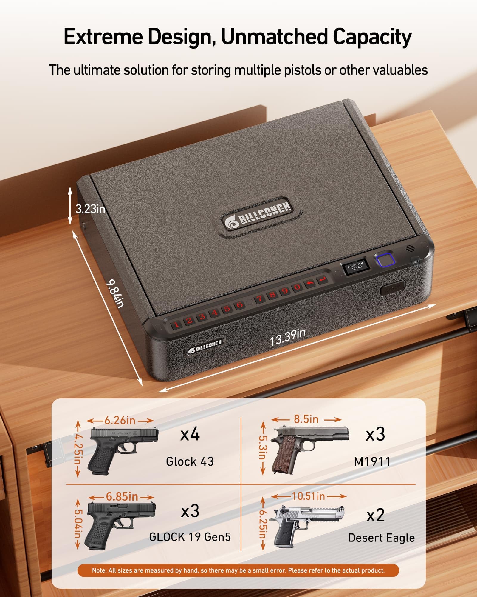 BILLCONCH Smart Gun Safe - Biometric Gun Safe for Pistols with Fingerprint/Full-digital Keypad/Key/Smartphone Lock, Quick-Access Pistol Safe for Beside Nightstand Handgun Safe with LCD/Voice Guide