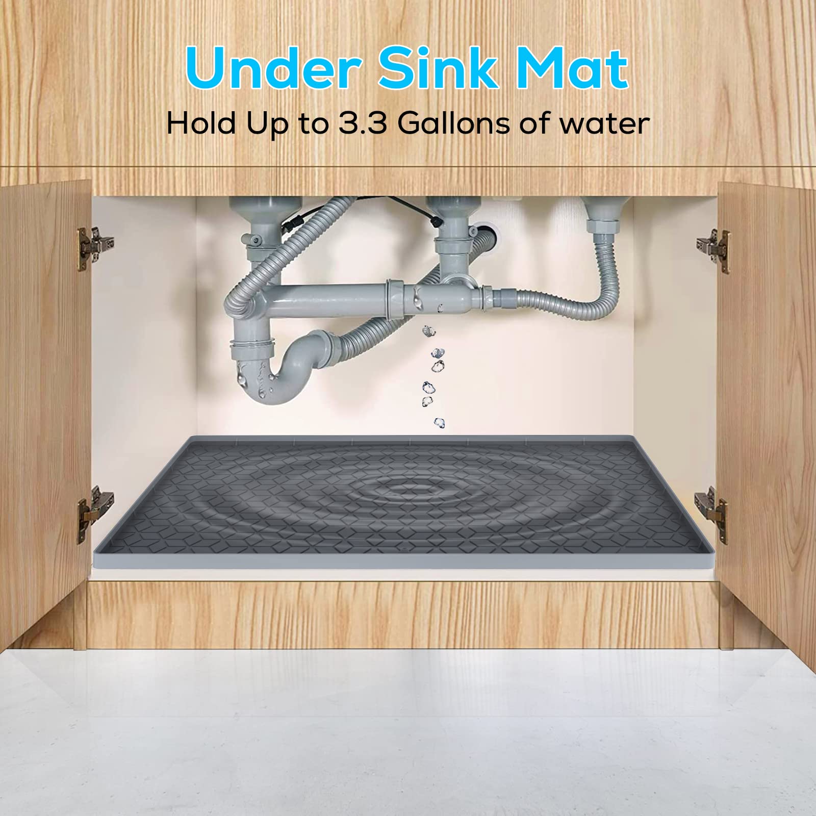 Under Sink Organizer Tray - Silicone Sink Liner with Drain Hole - Fits 36 inch Cabinet (Grey, 34X22)