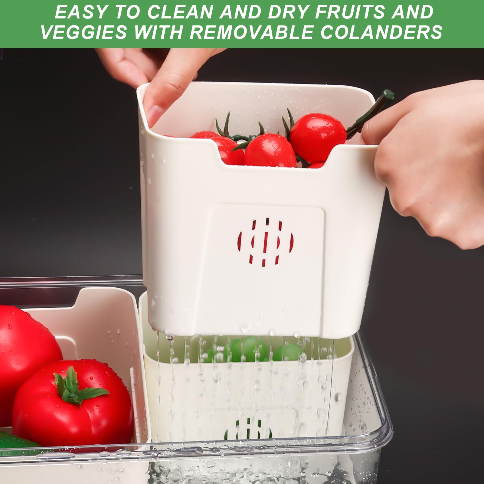shopwithgreen Fruit Storage Containers for Fridge with Lid and Handle, Portable Fresh Produce Saver, Food Box Container with 4 Removable Colanders for Berry, Vegetable, Refrigerator Organizer Bins
