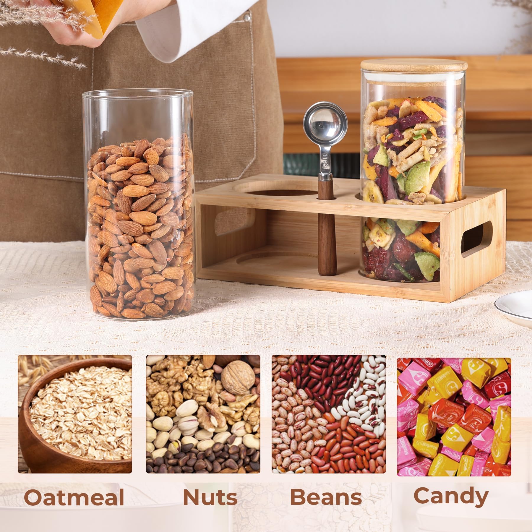 ComSaf Glass Coffee Container with Shelf, 2PCS Coffee Bean Storage Jars, 44 OZ Coffee Canister with Scoop, Glass Canister with Airtight Lid for Kitchen Coffee Station Organizer for Coffee, Sugar, Tea