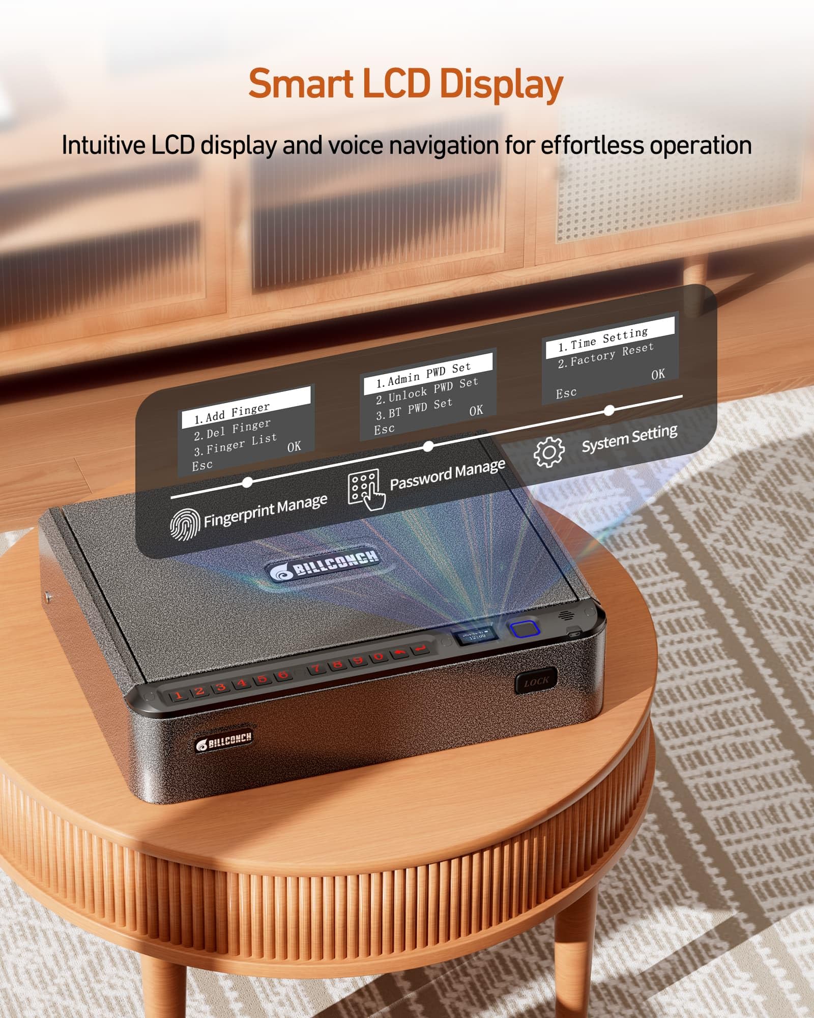 BILLCONCH Smart Gun Safe - Biometric Gun Safe for Pistols with Fingerprint/Full-digital Keypad/Key/Smartphone Lock, Quick-Access Pistol Safe for Beside Nightstand Handgun Safe with LCD/Voice Guide