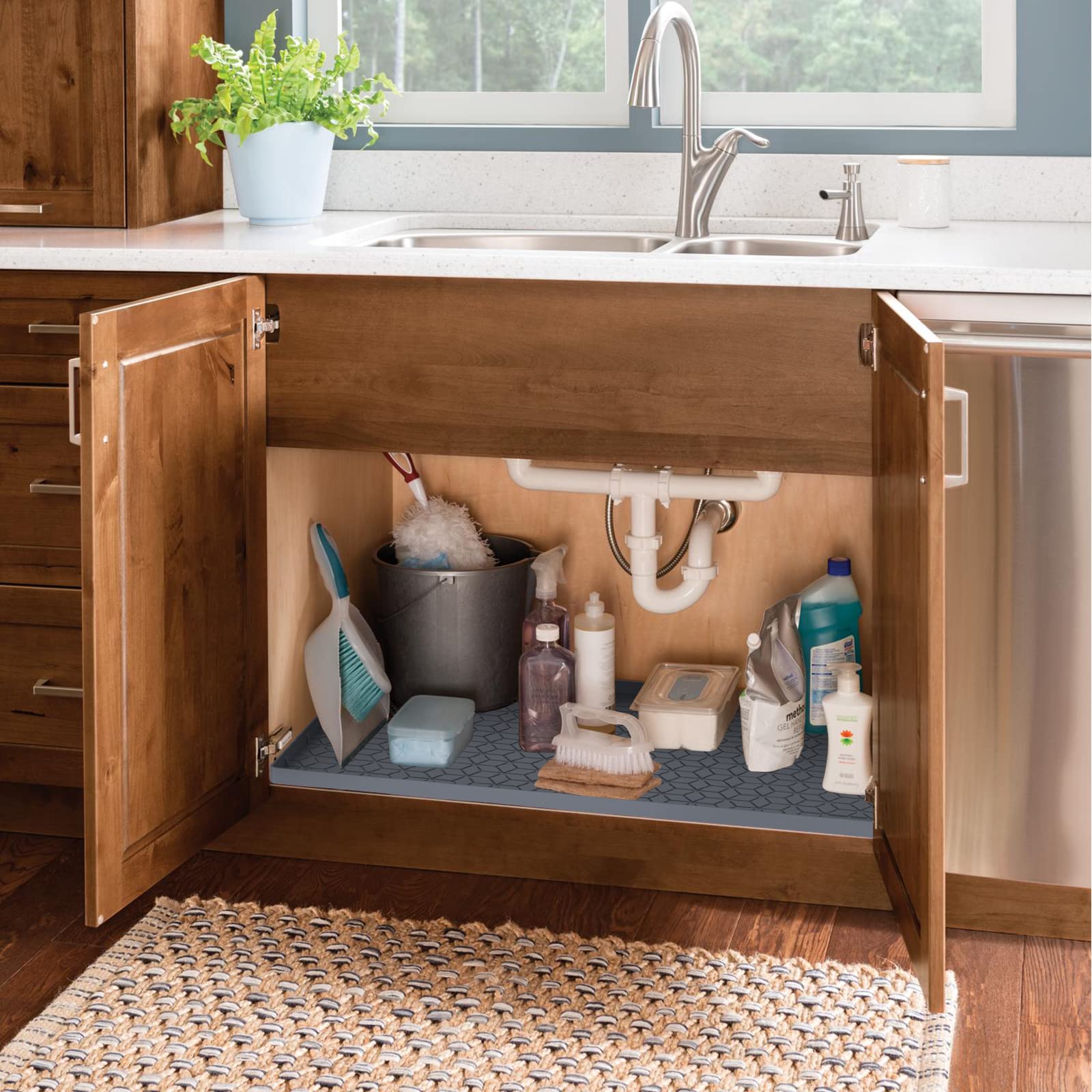 Under Sink Organizer Tray - Silicone Sink Liner with Drain Hole - Fits 36 inch Cabinet (Grey, 34X22)