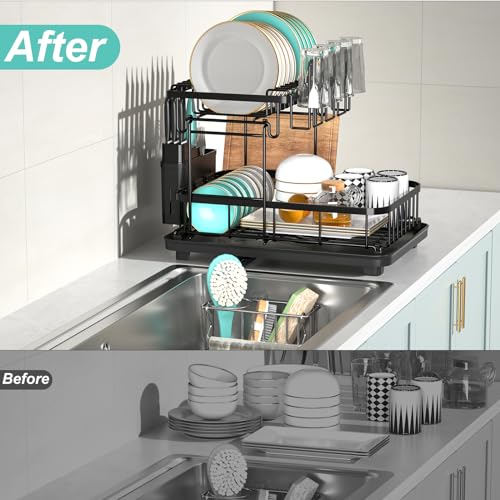 Loftiage Dish Drying Rack with Extra Sponge Holder for Kitchen Counter Sink, 2 Tier Large Dish Drainer Racks, Adjustable Spout Dish Strainer with Drainboard, Utensils, Cutlery Holder, Black