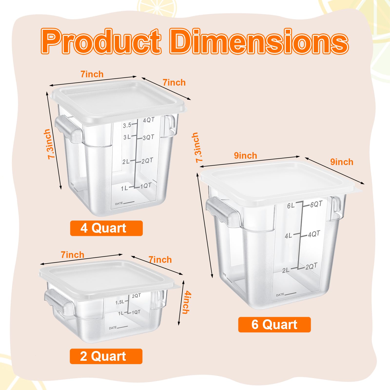 Suclain 6 Pcs Square Food Storage Container with Lid Set 2Qt 4Qt 6Qt Clear Commercial Container with Scales Handles for Home Restaurant Kitchen Proof Dough Marinating Meat, Polycarbonate(White)