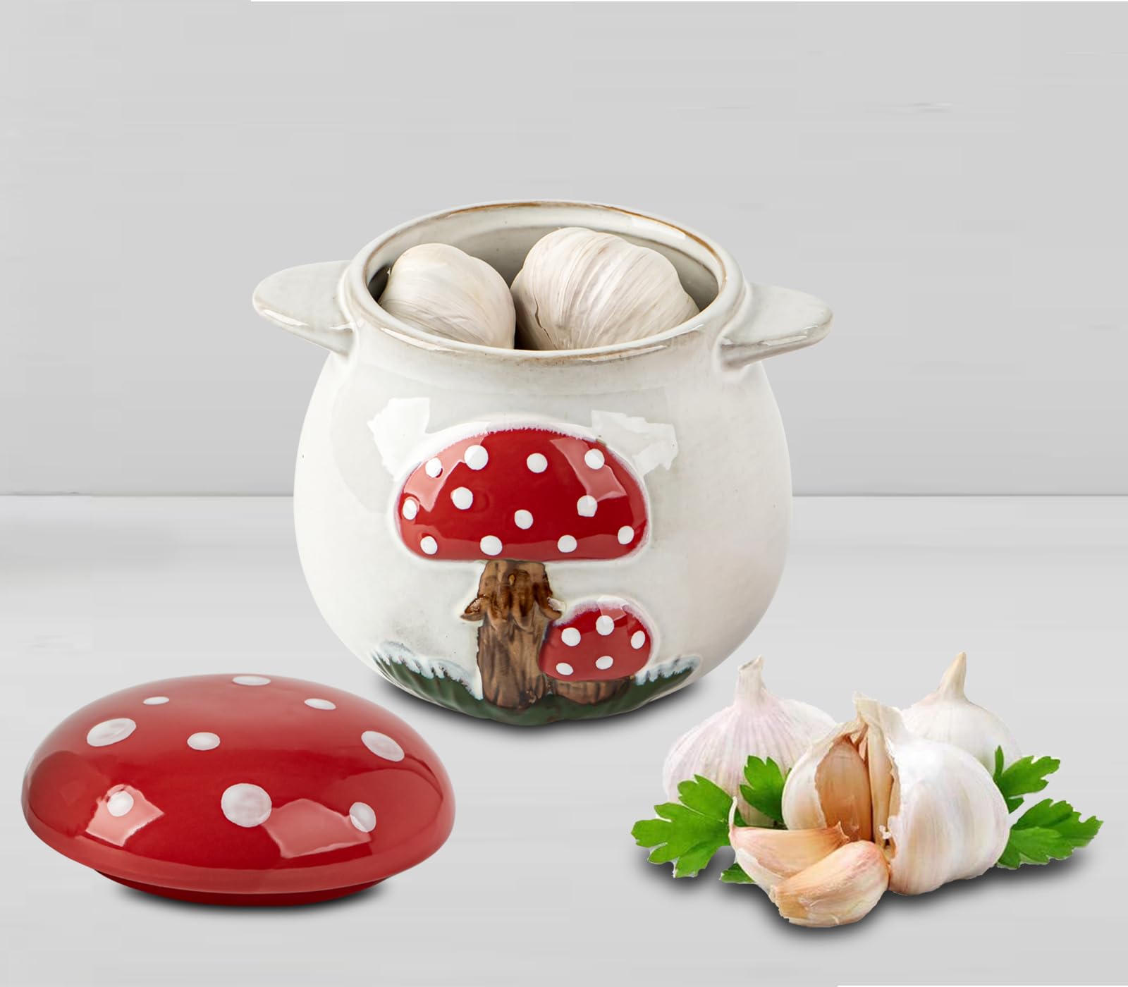 dgudgu Mushroom Garlic Keeper With Ceramic Container for Counter - Red Garlic Holder and Saver
