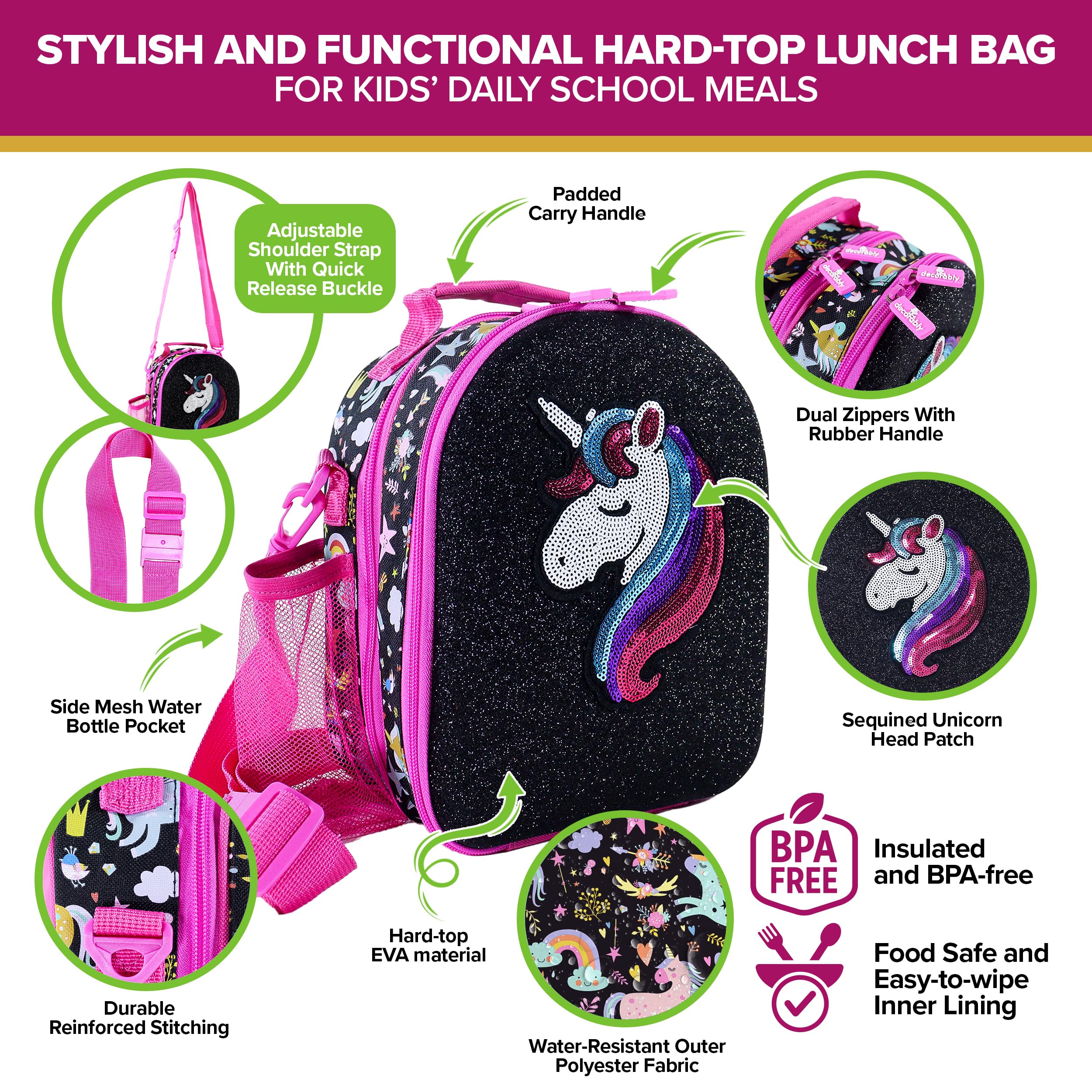 Decorably Insulated Hard Top Sequined Glittery Unicorn Girls Lunch Boxes for School, Easy-to-Clean Kids Lunch Bag with 2 Main Compartments and Water Bottle Holder