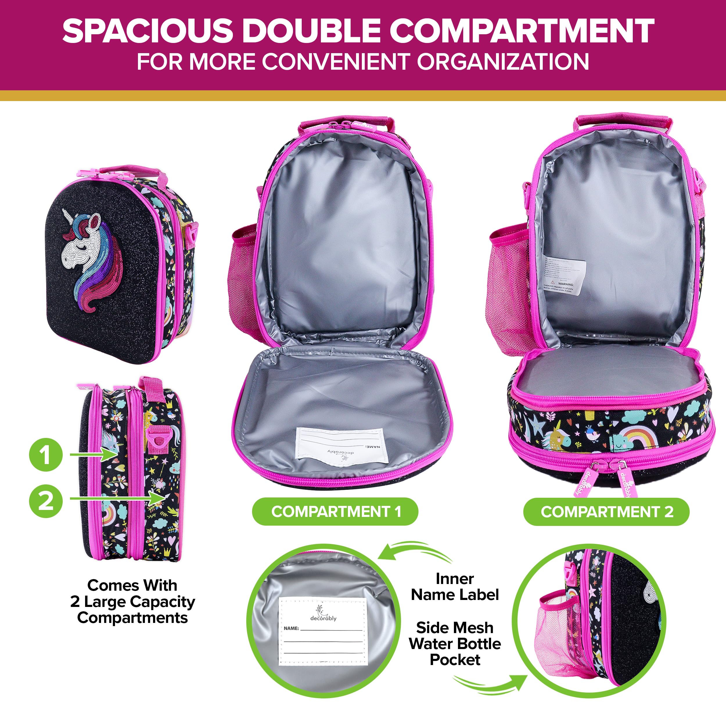 Decorably Insulated Hard Top Sequined Glittery Unicorn Girls Lunch Boxes for School, Easy-to-Clean Kids Lunch Bag with 2 Main Compartments and Water Bottle Holder