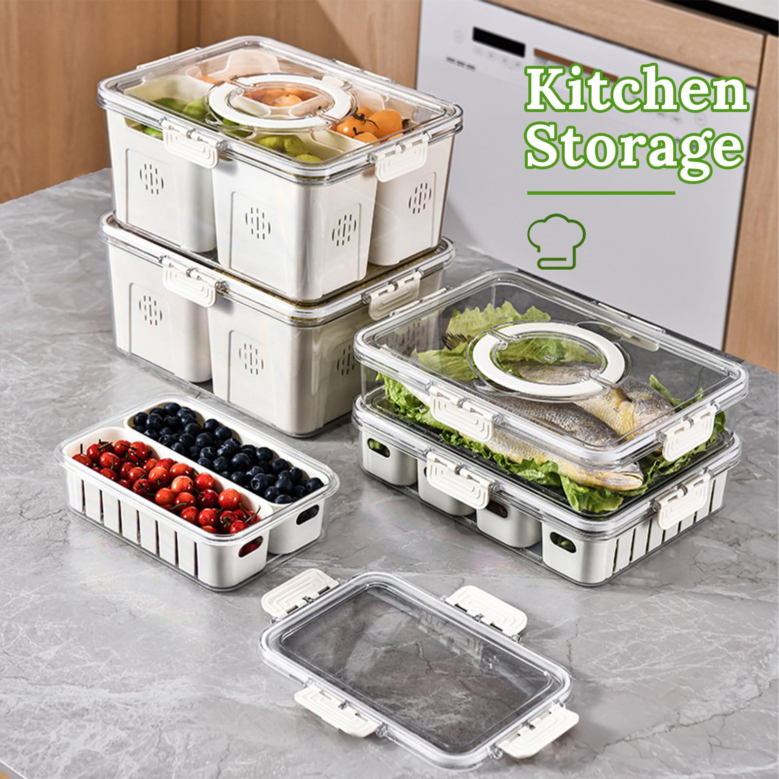 shopwithgreen Fruit Storage Containers for Fridge with Lid and Handle, Portable Fresh Produce Saver, Food Box Container with 4 Removable Colanders for Berry, Vegetable, Refrigerator Organizer Bins
