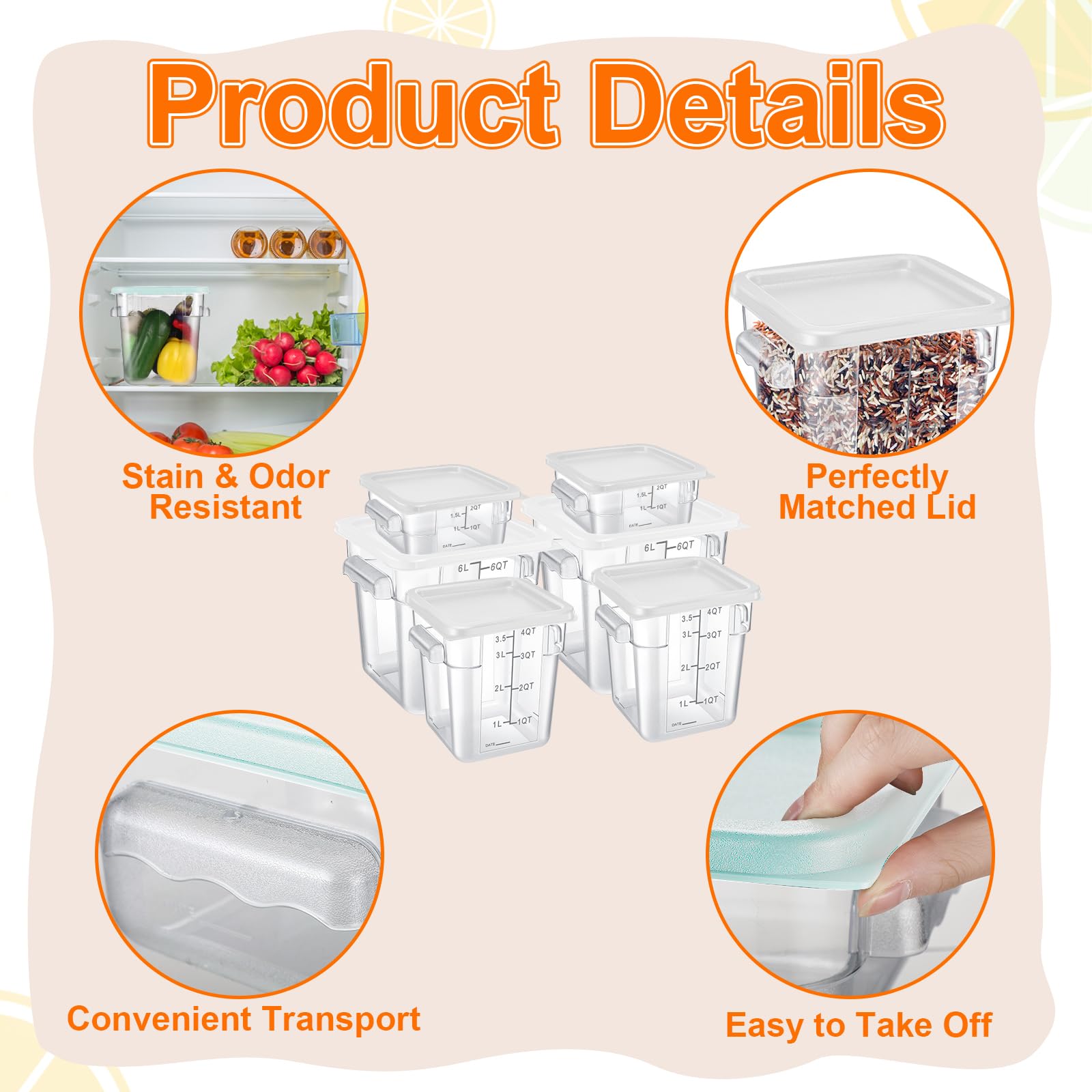 Suclain 6 Pcs Square Food Storage Container with Lid Set 2Qt 4Qt 6Qt Clear Commercial Container with Scales Handles for Home Restaurant Kitchen Proof Dough Marinating Meat, Polycarbonate(White)