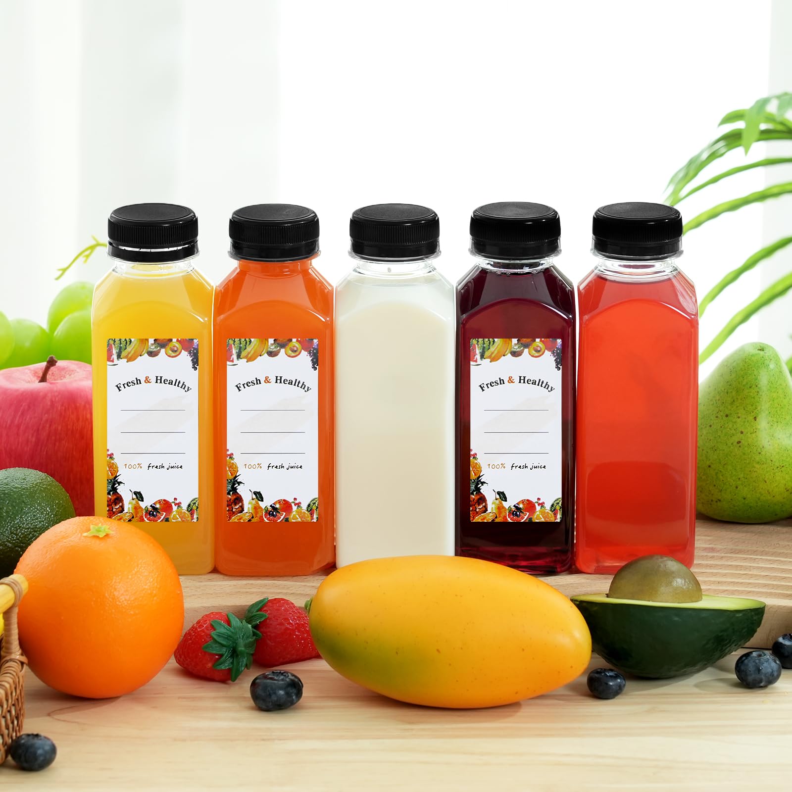 Moretoes 10pcs 12oz Plastic Bottles with Caps, Empty Reusable Drink Containers with Labels, Bulk Clear Beverage Containers for Juicing Drinking Milkshake Tea and Other Beverages