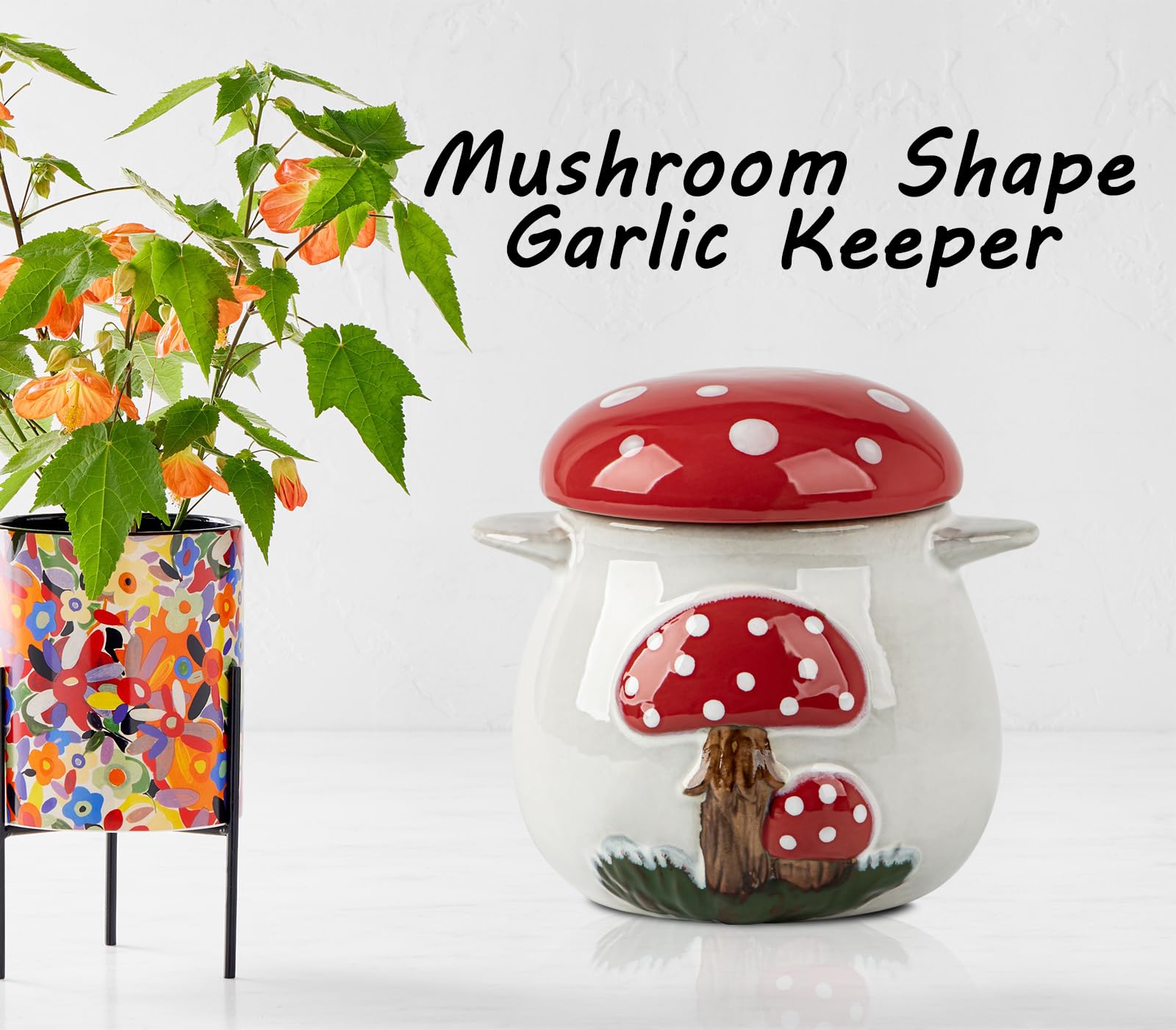 dgudgu Mushroom Garlic Keeper With Ceramic Container for Counter - Red Garlic Holder and Saver
