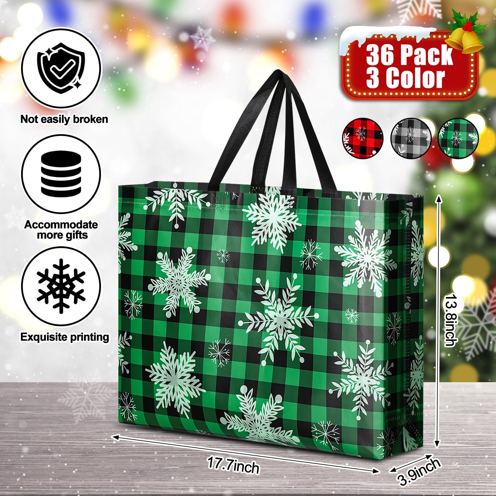 Abbylike 36 Pcs Reusable Christmas Large Gift Bags Bulk Xmas Holiday Plaid Tote Shopping Bags with Handles (Red White Green)