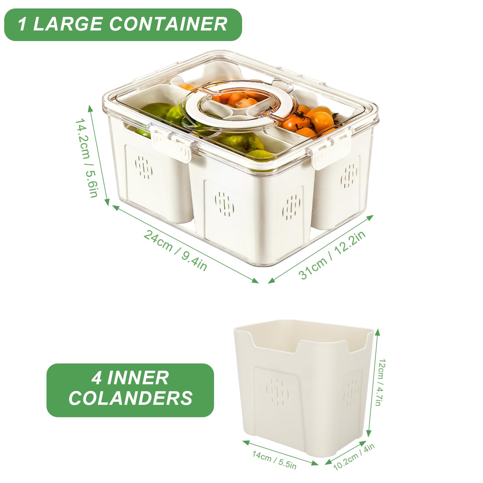 shopwithgreen Fruit Storage Containers for Fridge with Lid and Handle, Portable Fresh Produce Saver, Food Box Container with 4 Removable Colanders for Berry, Vegetable, Refrigerator Organizer Bins