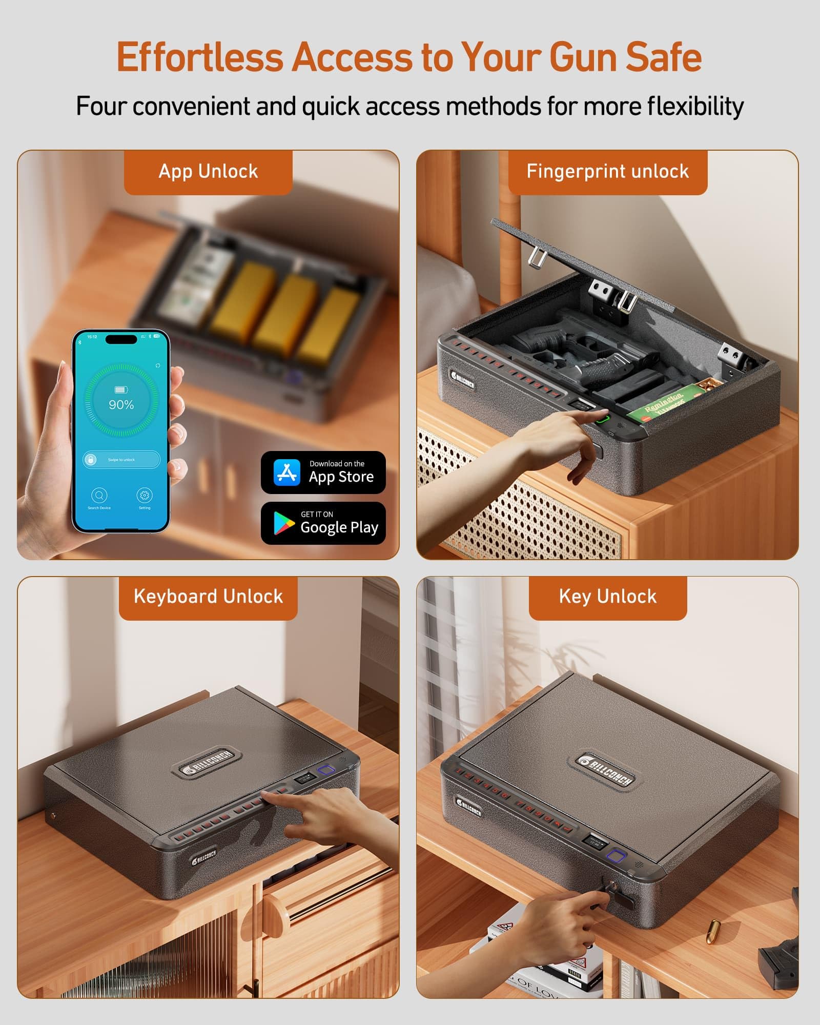 BILLCONCH Smart Gun Safe - Biometric Gun Safe for Pistols with Fingerprint/Full-digital Keypad/Key/Smartphone Lock, Quick-Access Pistol Safe for Beside Nightstand Handgun Safe with LCD/Voice Guide