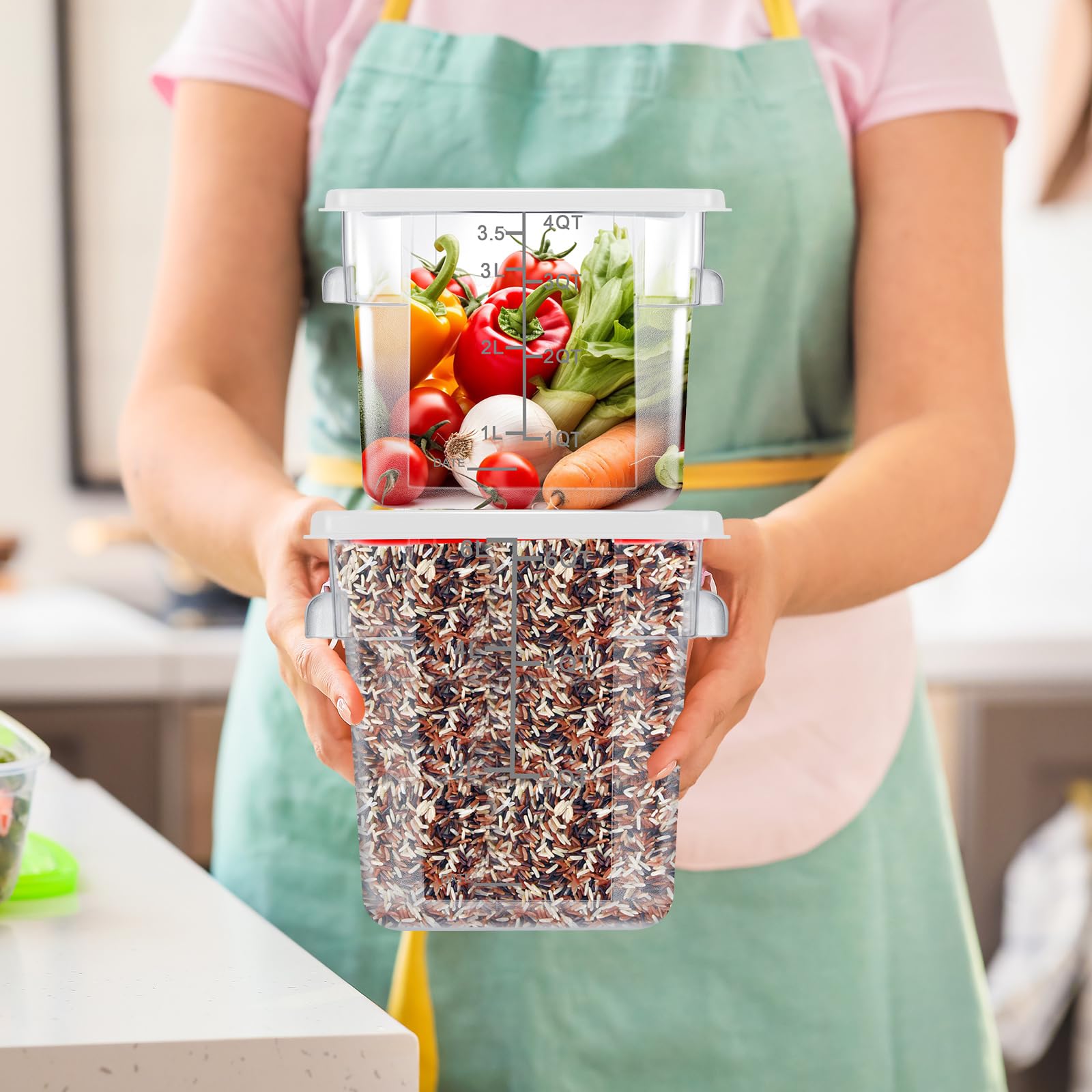 Suclain 6 Pcs Square Food Storage Container with Lid Set 2Qt 4Qt 6Qt Clear Commercial Container with Scales Handles for Home Restaurant Kitchen Proof Dough Marinating Meat, Polycarbonate(White)