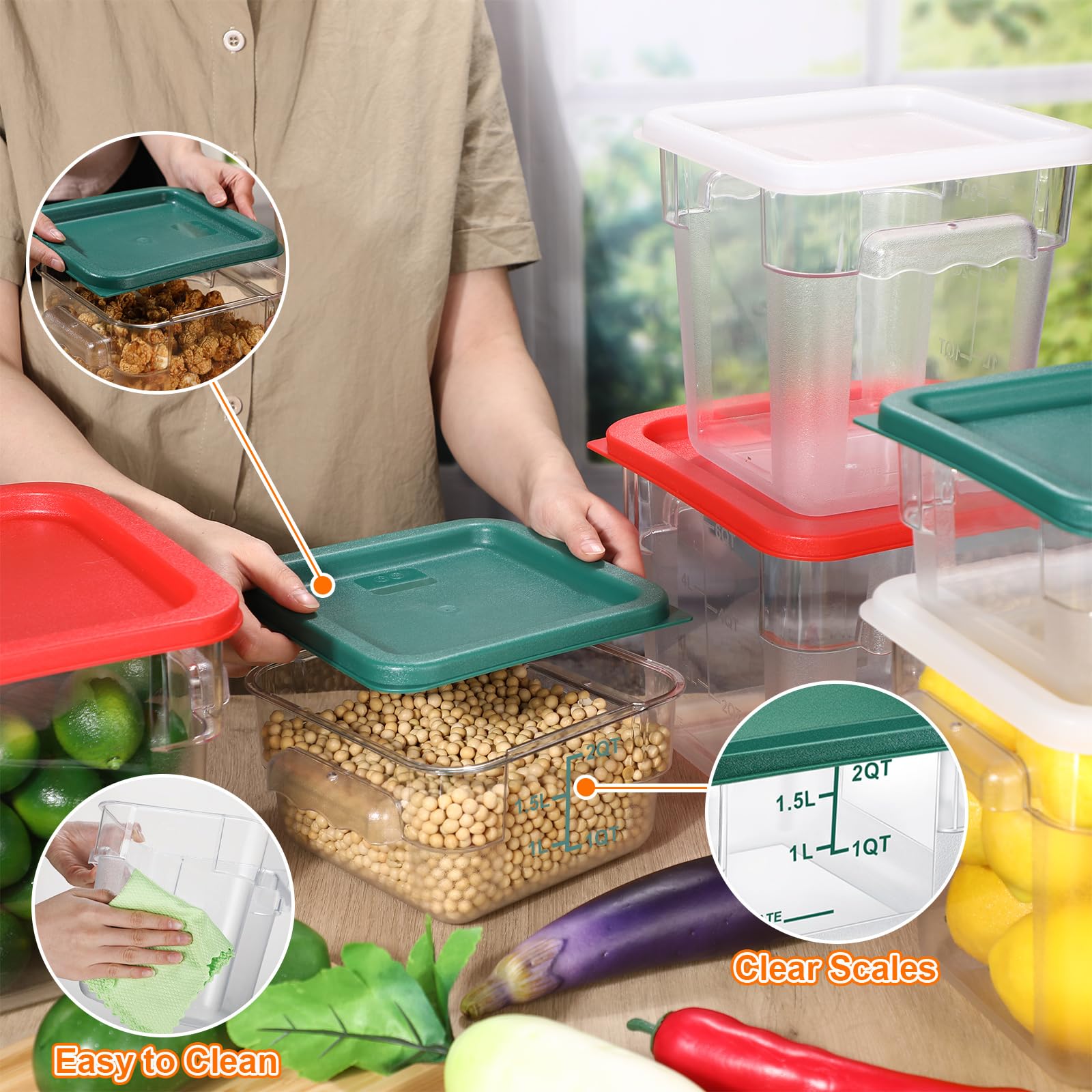 Suclain 6 Pcs Square Food Storage Container with Lid Set 2Qt 4Qt 6Qt Clear Commercial Container with Scales Handles for Home Restaurant Kitchen Proof Dough Marinating Meat, Polycarbonate(White)