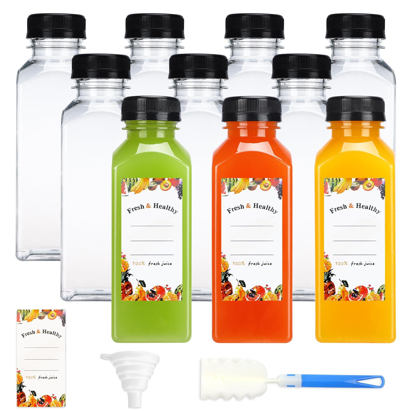 Moretoes 10pcs 12oz Plastic Bottles with Caps, Empty Reusable Drink Containers with Labels, Bulk Clear Beverage Containers for Juicing Drinking Milkshake Tea and Other Beverages