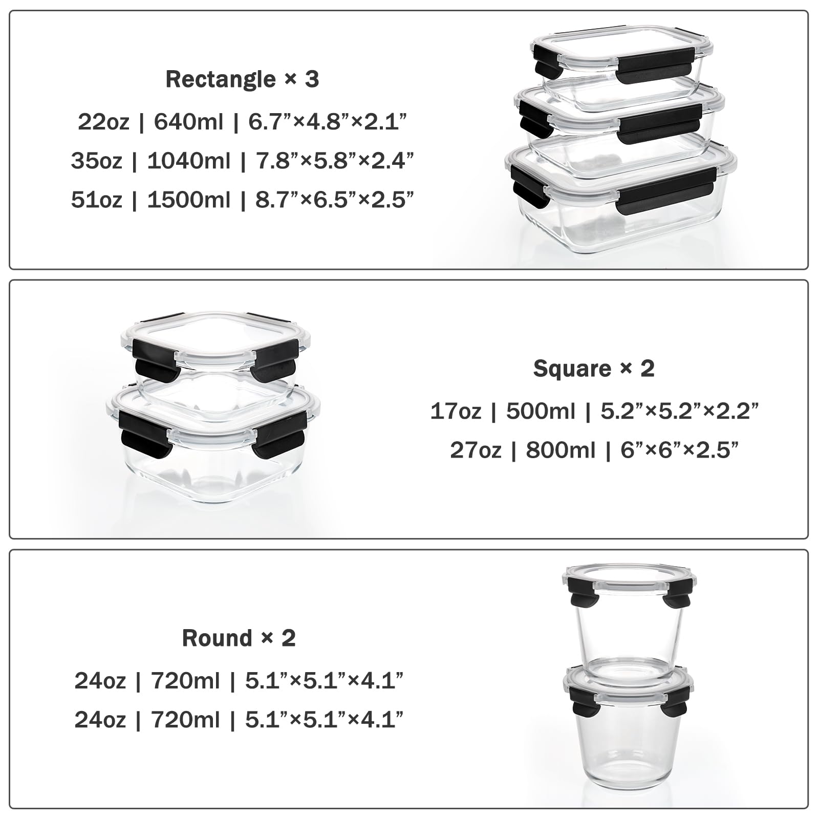 Moretoes 14pc Glass Food Storage Containers, Glass Soup Canisters with Lids Set, Airtight Glass Meal Prep Containers with Lids for Microwave, Oven, Freezer & Dishwasher Friendly, Grey