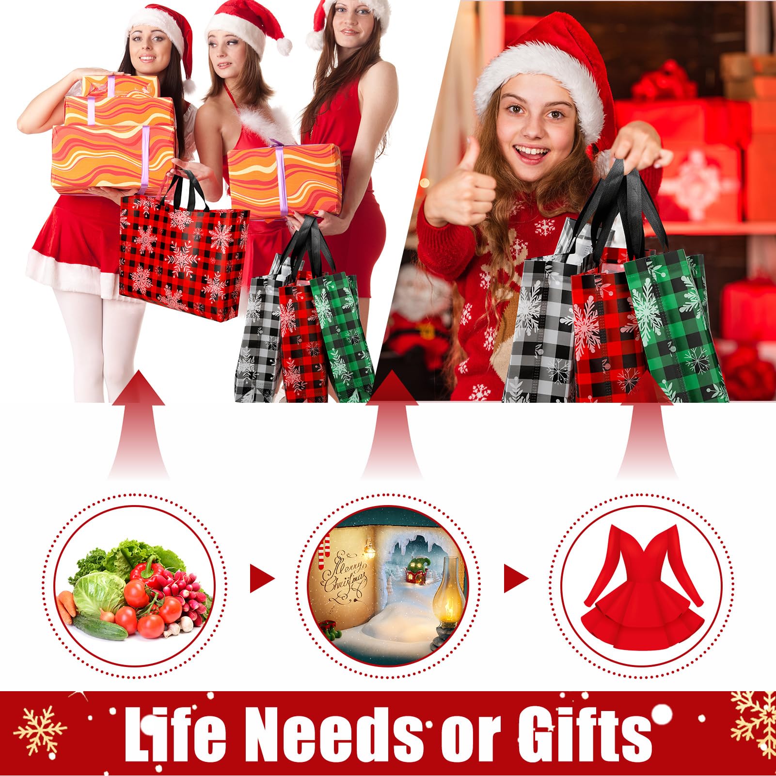 Abbylike 36 Pcs Reusable Christmas Large Gift Bags Bulk Xmas Holiday Plaid Tote Shopping Bags with Handles (Red White Green)
