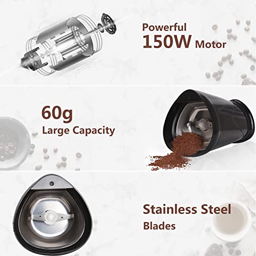 Coffee Grinder Electric, 60g/2oz Large Capacity, Aigostar Coffee Bean Grinder Spice Grinder with One Touch Operation, Cleaning Brush Included, Black