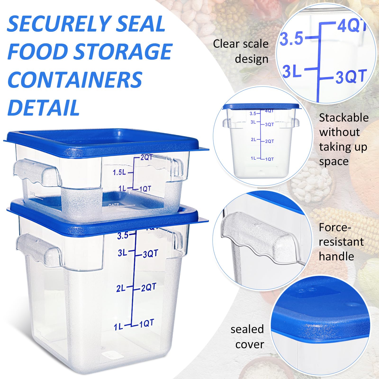 Yungyan 8 Pcs Restaurant Food Storage Containers with Lids Set 2Qt and 4Qt Commercial Restaurant Square Storage Containers Clear Food Cereal Container for Kitchen Freezer and Dishwasher Safe