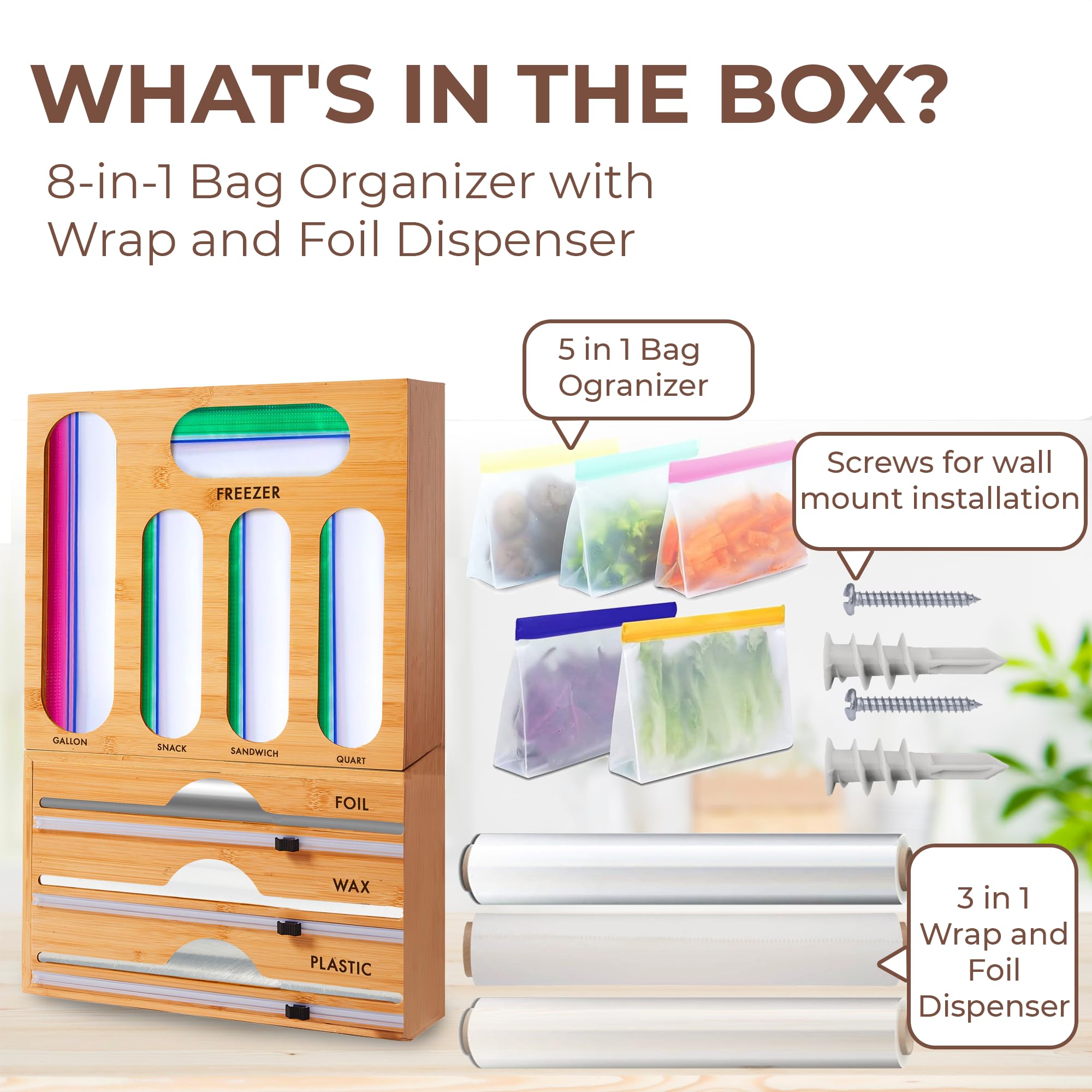 PANDAWOOD 8 IN 1 Storage Bag Organizer for Kitchen Drawer - Bamboo Plastic Bag Organizer - Foil Plastic Wrap Organizer Dispenser with Cutter - Baggie Organizer for Drawer - Sandwich Bag Organizer
