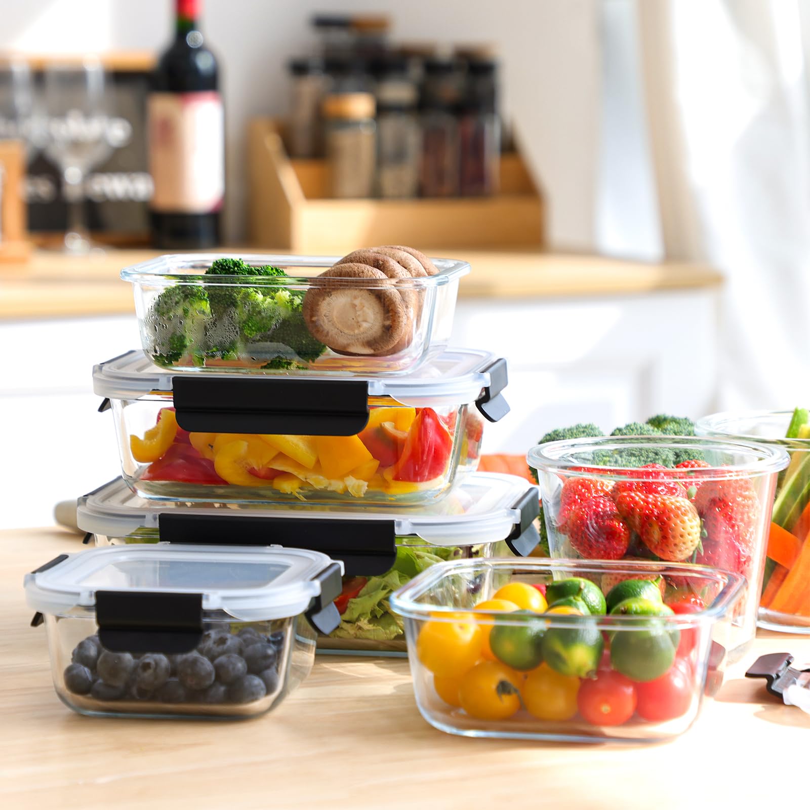 Moretoes 14pc Glass Food Storage Containers, Glass Soup Canisters with Lids Set, Airtight Glass Meal Prep Containers with Lids for Microwave, Oven, Freezer & Dishwasher Friendly, Grey
