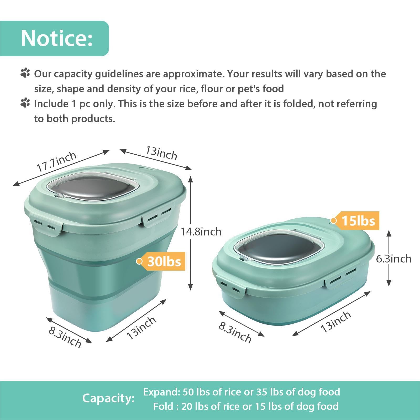 Letingoo Rice Storage Container, Foldable Airtight Food Storage Containers with Measuring Cup & Wheels, Dry Food Flour Sugar Storage Container (Green)